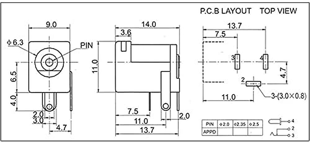 Power connector 5.5x2.1mm female DC050 PCB geel - DomoticX