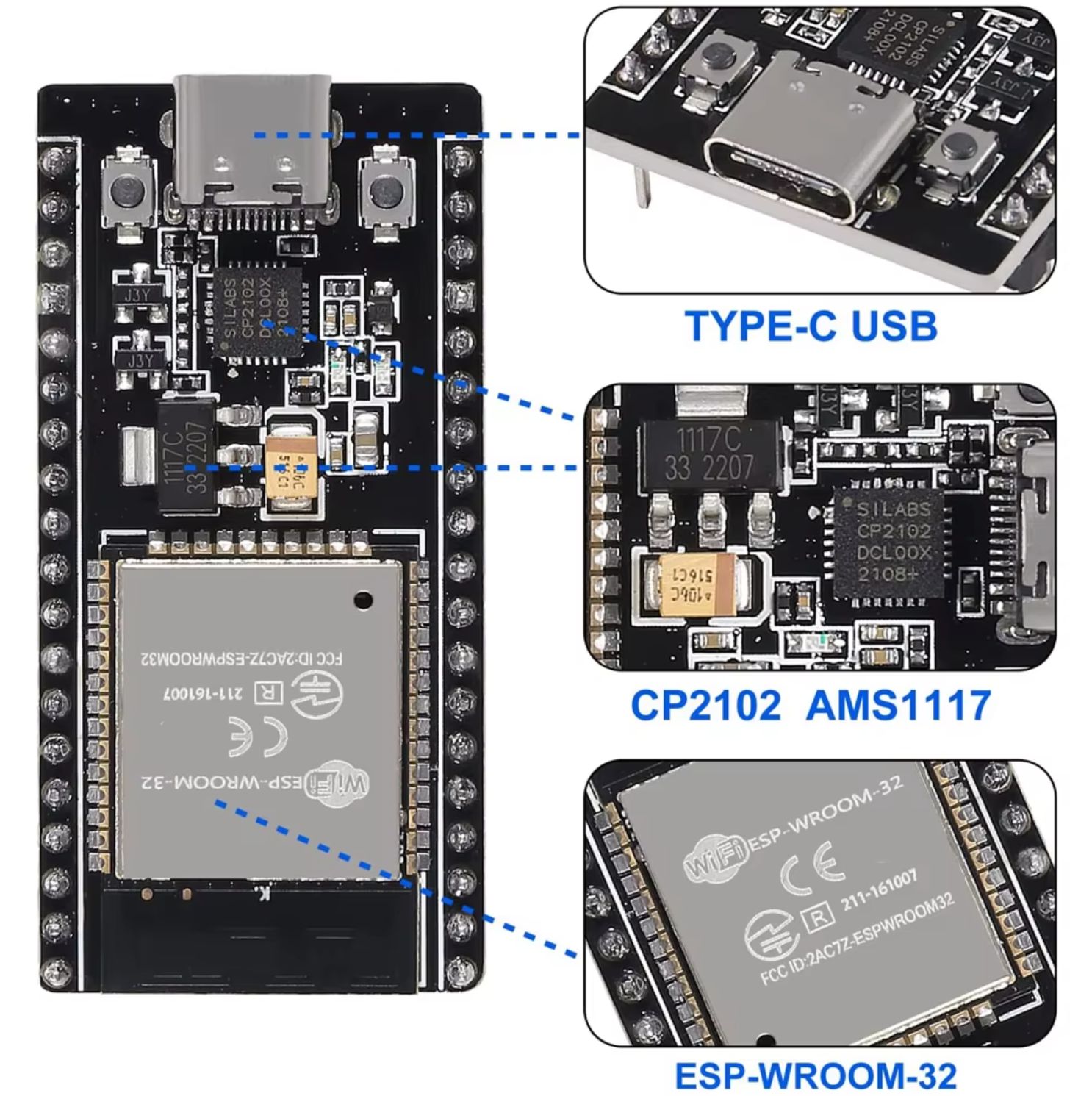 ESP-WROOM-32 module 4MB 38-Pins USB-C CP2102 USB chip (Node-MCU ESP-32S compatible) - DomoticX