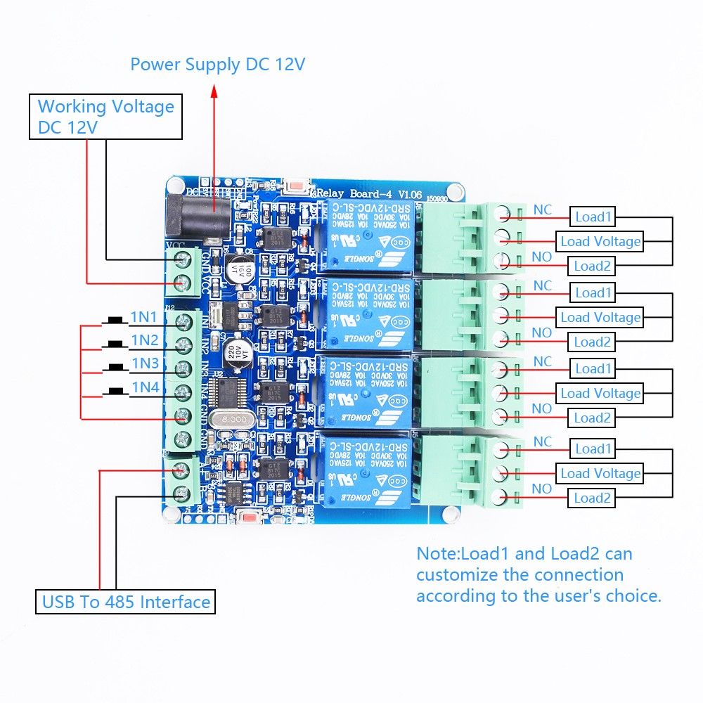 Modbus RS485 RTU Relais module 12VDC schakelt 4xNO/NC 250V 10A MODEL 2 ...